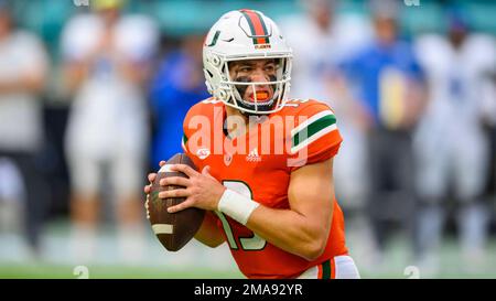 Miami quarterback Jake Garcia (13) throws the ball during an NCAA ...