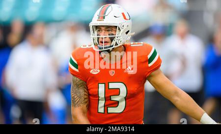 Miami quarterback Jake Garcia (13) throws the ball during an NCAA ...