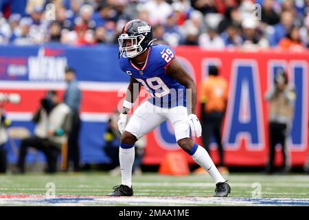 New York Giants safety Xavier McKinney (29) in coverage during an NFL football game against the ...