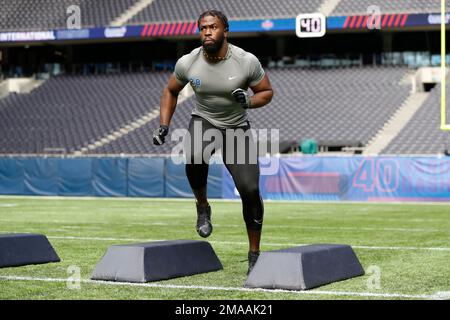 Linebacker Jai Jackson, of the United Kingdom, runs the 40-yard dash at ...