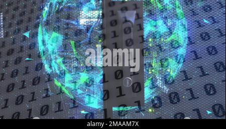 Image of binary code and globe over servers Stock Photo - Alamy