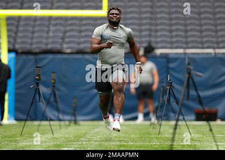 Offensive lineman Basil Chijioke Okoye, of Nigeria, participates in a ...