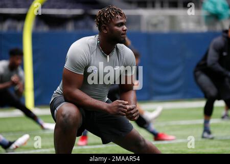 Offensive lineman Basil Chijioke Okoye, of Nigeria, participates in a ...