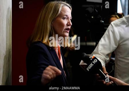 Democrat Kris Mayes, candidate Arizona Attorney General, smiles prior ...