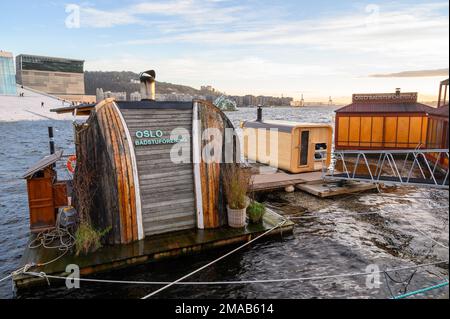Floating saunas in Bjørvika in Oslo harbour run by Oslo Badstuforening ...