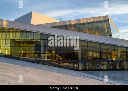 The modern Oslo Opera House with main entrance in Bjorvika, Oslo ...