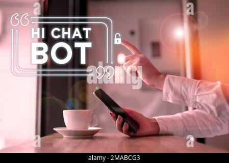 Text caption presenting Hi Chat Bot, Business overview Greeting to ...