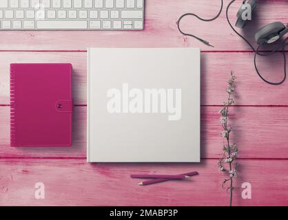 mockup of pink desk with pink wooden table Stock Photo - Alamy