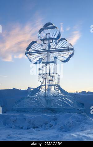 Ice cross in winter. Epiphany Orthodox holiday on a place of ice-hole ...