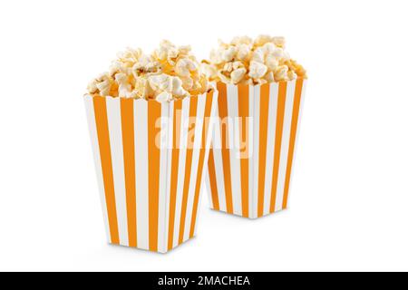 Two yellow white striped carton buckets with tasty cheese popcorn ...