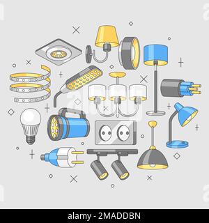 Background with electric lightings and lamps. Electrical equipment ...