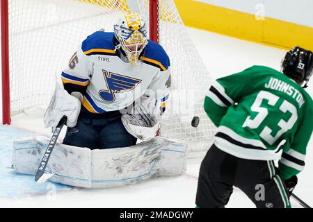 St. Louis Blues goaltender Colten Ellis (45) deflects a shot from ...