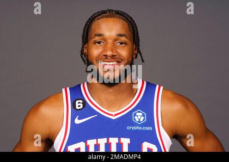 Philadelphia 76ers' Isaiah Joe poses for a photograph during media day ...
