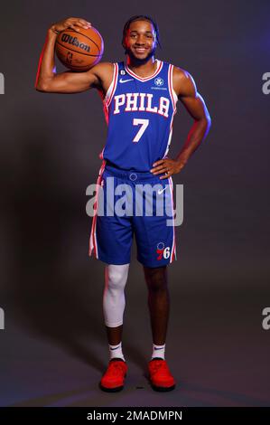 Philadelphia 76ers' Isaiah Joe poses for a photograph during media day ...