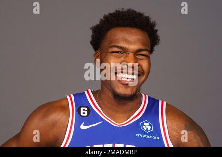 Philadelphia 76ers' Paul Reed poses for a photograph during media day ...