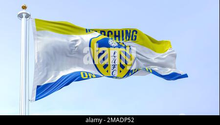 The Leeds United flag waving in the wind Stock Photo - Alamy