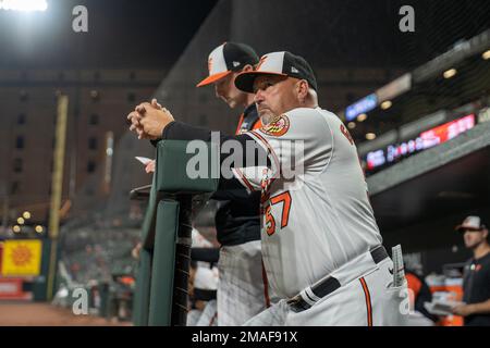 Baltimore Orioles bench coach Fredi Gonzalez throws batting practice ...