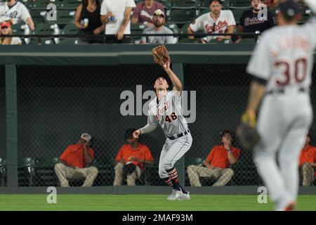 Detroit Tigers right fielder Kerry Carpenter fields the double hit by ...
