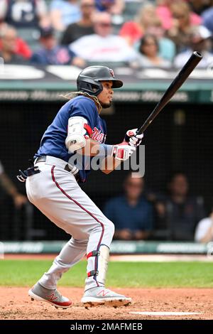 Minnesota Twins' Luis Arraez watches his ball while hitting a single ...