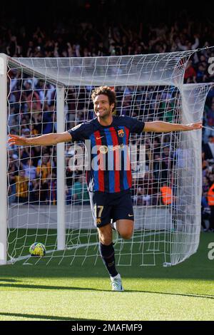 Marcos Alonso of FC Barcelona celebrates his goal during the La Liga ...