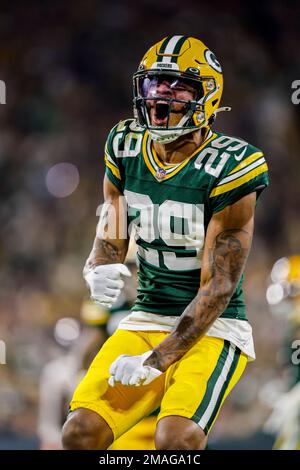 Green Bay Packers cornerback Rasul Douglas (29) celebrates with fans ...