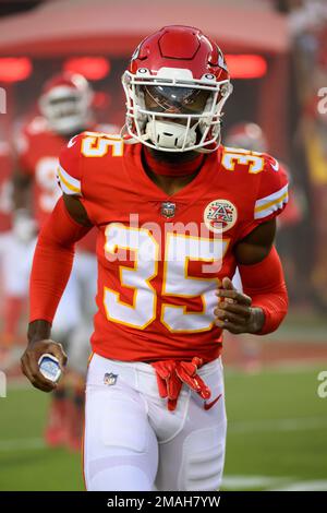 Kansas City Chiefs cornerback Jaylen Watson (35) intercepts the ball ...