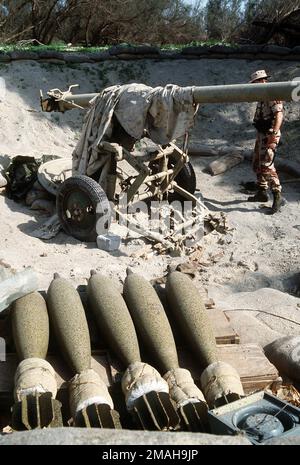 An abandoned Iraqi M-160, 160mm mortar stands at an outpost after Iraqi ...
