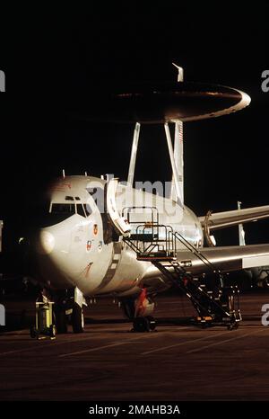 An E-3A Sentry aircraft is serviced on the flight line during Operation ...