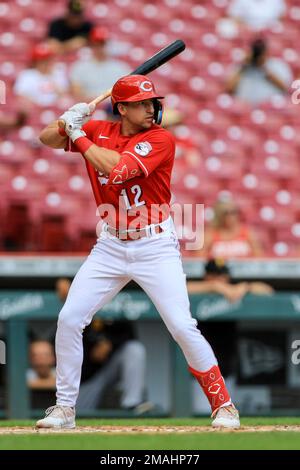 Cincinnati Reds' Spencer Steer bats during the first game of a baseball ...
