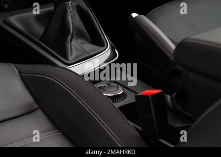Modern car central console. Drive mode selector button Stock Photo - Alamy