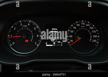 Car dashboard with sensors and information. RPM, Fuel indicator and ...