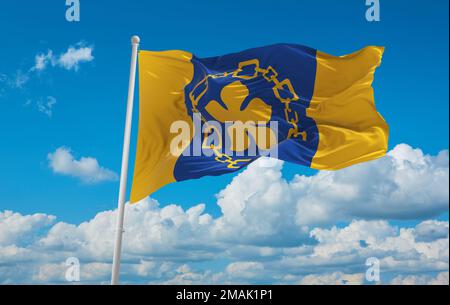 flag of Hamilton , Canada at cloudy sky background on sunset, panoramic ...
