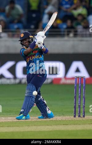 Sri Lanka's Pathum Nissanka plays a shot during the third and final one ...