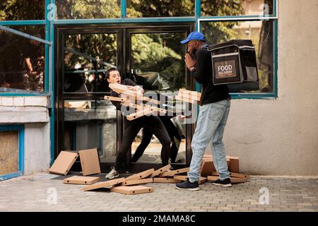 Reckless delivery worker dropping pizza boxes, scared courier running ...