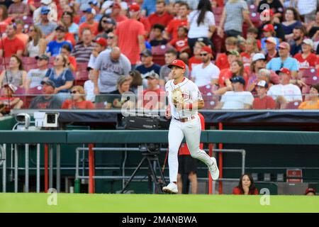 Cincinnati Reds' Spencer Steer takes an at-bat during a baseball game ...