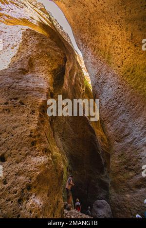 Beautiful curved crevice in canyon in sunny weather. Wide angle view of ...