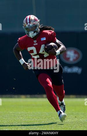 San Francisco 49ers' Jordan Mason takes part in an NFL football ...