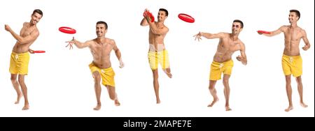 Set of young man playing frisbee on light blue background Stock Photo ...