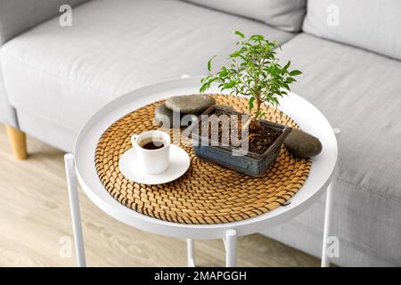 Bonsai tree, cup of coffee and spa stones on table in living room Stock ...
