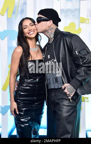 Blackbear, right, and Michele Maturo arrive at the MTV Video Music Awards at the Prudential ...