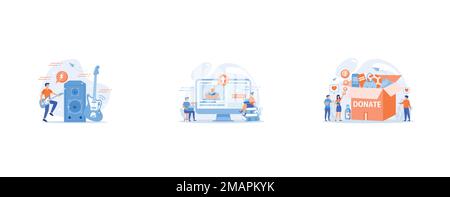 Tiny people, students listening to religious lecture online ...