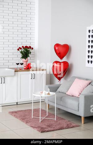 Interior of kitchen decorated for Valentine's Day with balloons ...