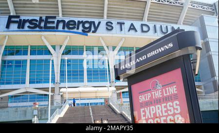 The signage for First Energy Stadium is visible on the facade above one ...