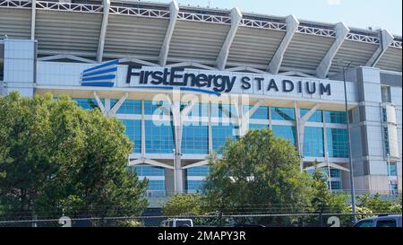 The signage for First Energy Stadium is visible on the facade above one ...