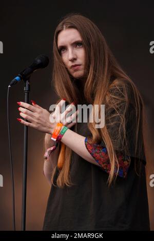 Florence Shaw of Dry Cleaning performs on stage at All Points East at ...