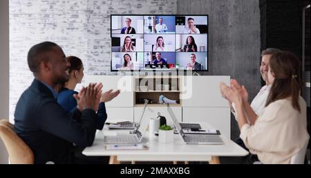 Virtual Webinar Conference Screen Diverse Group Applause Stock Photo ...