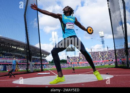 Kendrick Thompson of the Bahamas throws the discus in the decathlon ...
