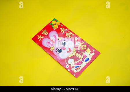 Theme red envelopes with rabbit, Chinese blessing words on yellow ...