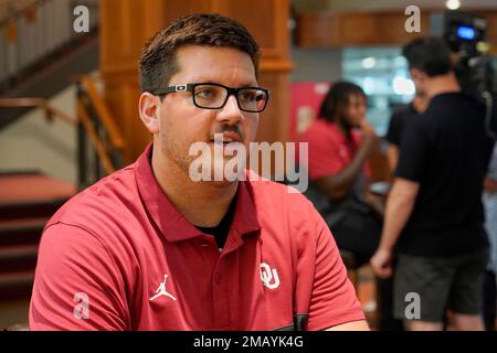 Oklahoma's Andrew Raym speaks during an NCAA college football media day ...