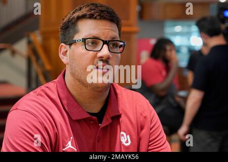 Oklahoma's Andrew Raym speaks during an NCAA college football media day ...